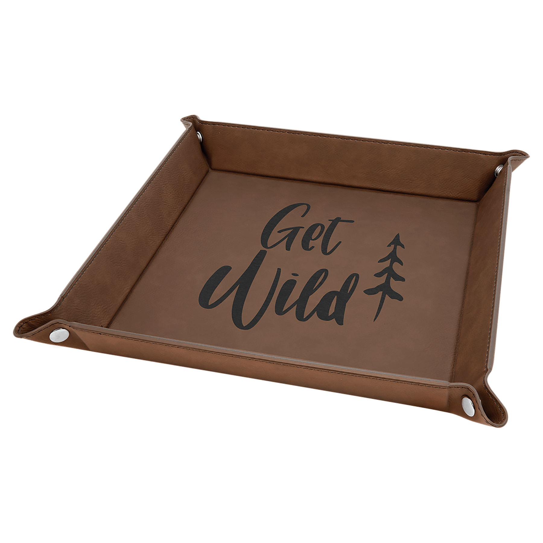 9" x 9" Dark Brown Laserable Leatherette Snap Up Tray with Silver Snap